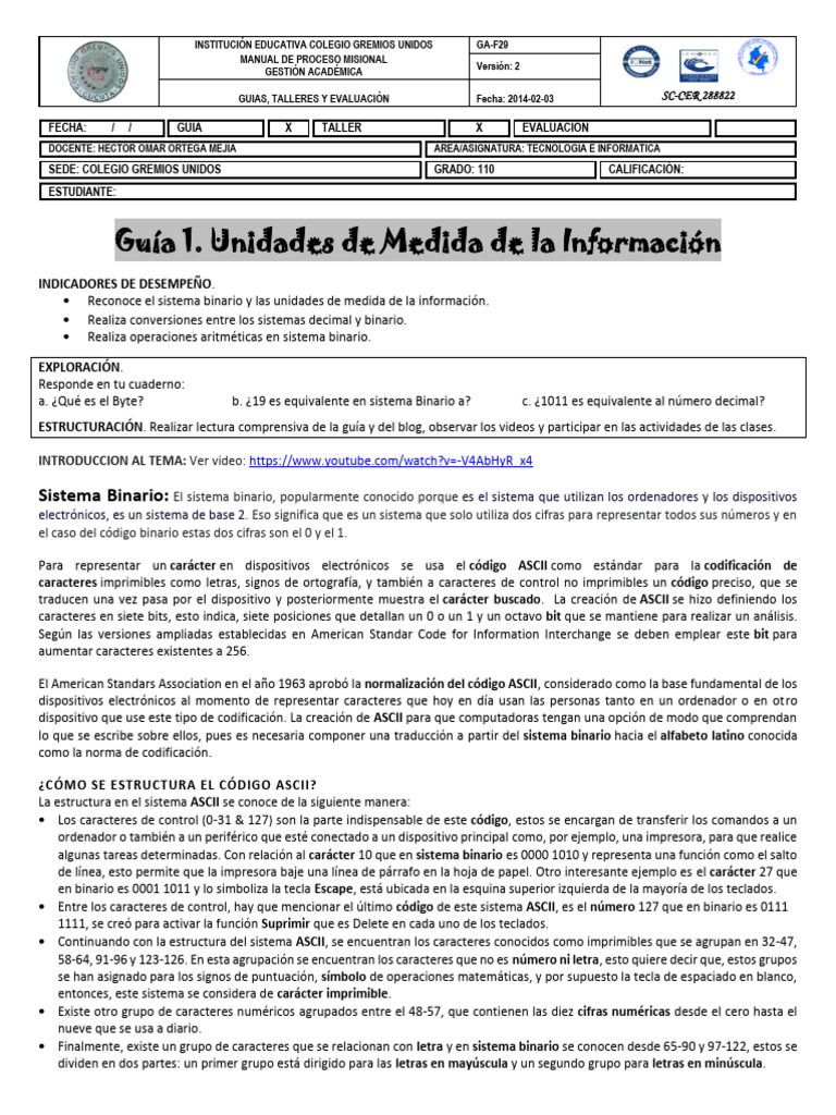 Guía de Conversión Binaria y ASCII | PDF | Ascii | Poco