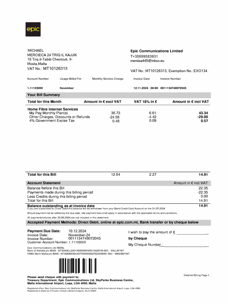 Epic Bill 0107 Epic Malta PDF | PDF | Invoice | Payments