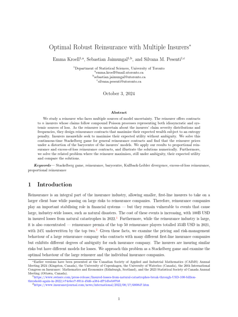Optimal Robust Reinsurance With Multiple Insurers | PDF | Reinsurance ...