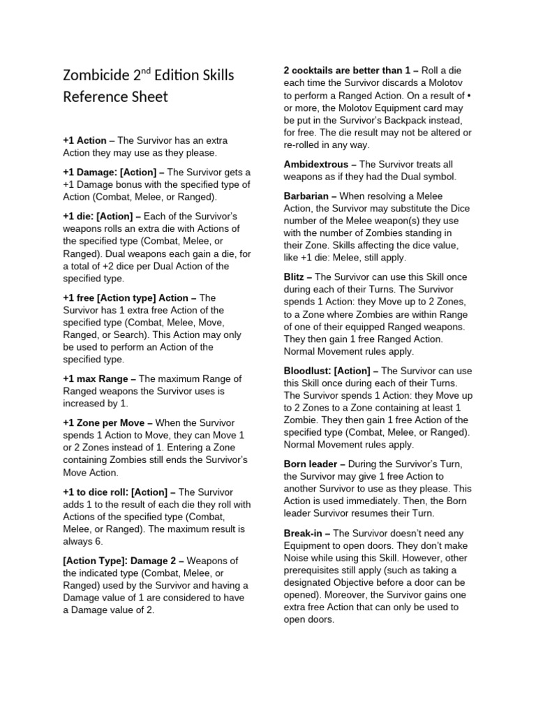 Zombicide 2nd Edition Skills Reference Sheet v01 | PDF | Dice