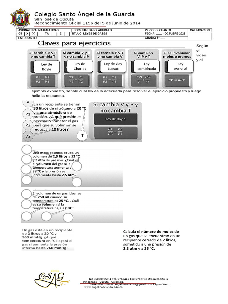 8° Taller Ejercicios Leyes Gases 2023 | PDF | Gases | Química