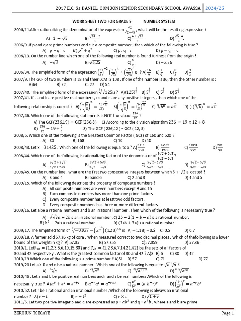 MAths GR 9 Worsheet 2 | PDF | Numbers | Rational Number