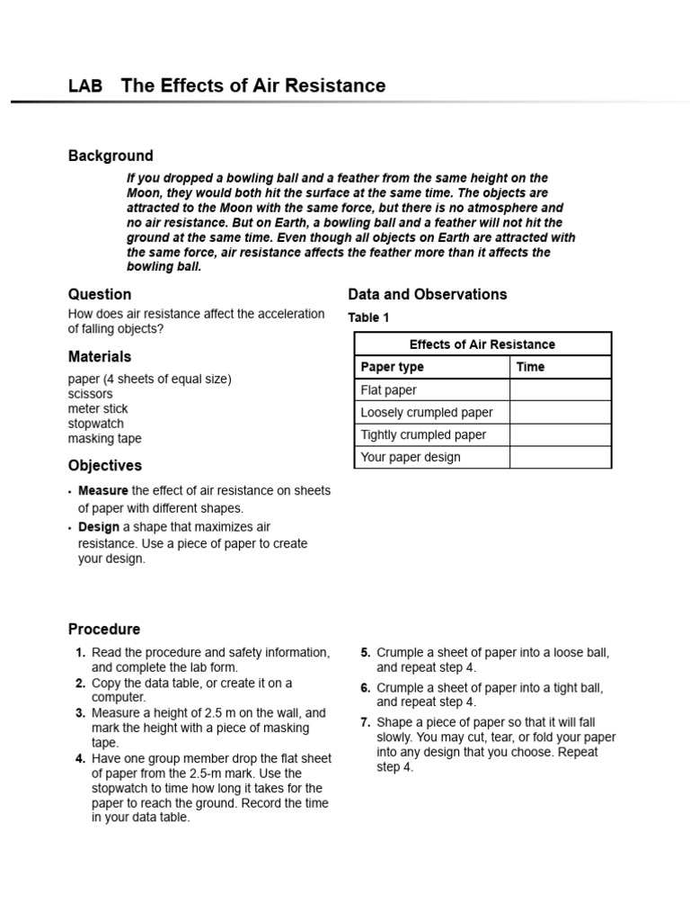 Air Resistance Lab | PDF | Drag (Physics) | Force