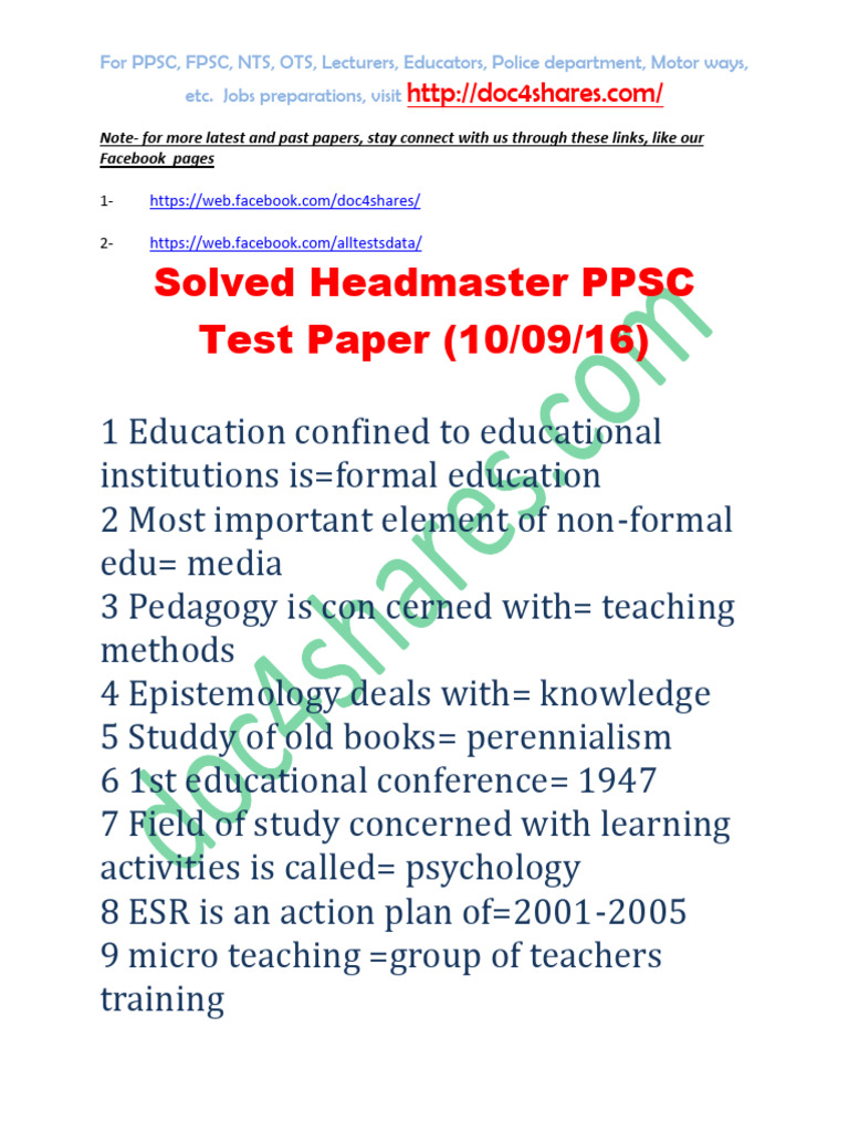 Solved Headmaster PPSC Test Paper (10-09-16) | PDF | Learning ...