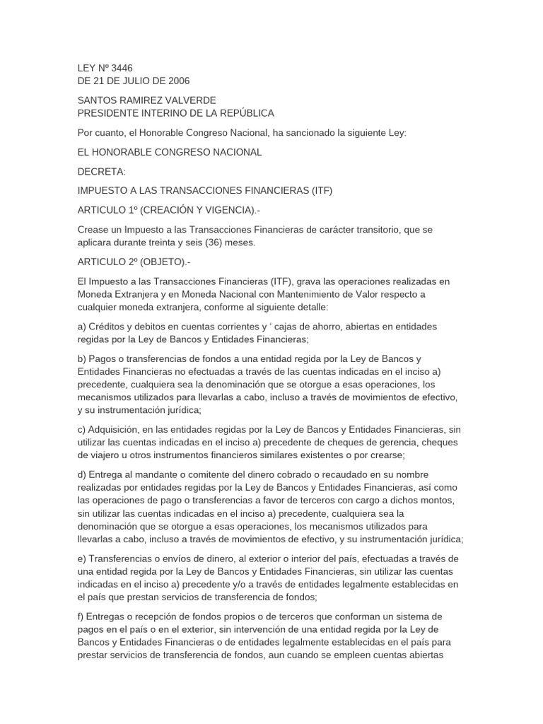 LEY #3446 Impuesto A Las Transacciones Financieras (ITF) | PDF | Bancos | Tarjeta de débito