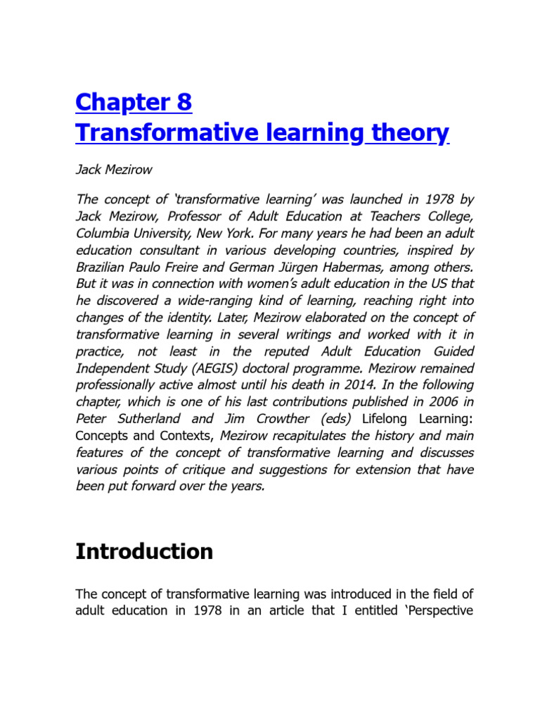 Contemporary Theories of Learning Learning Theoris... - (8 Transformative Learning Theory) | PDF ...