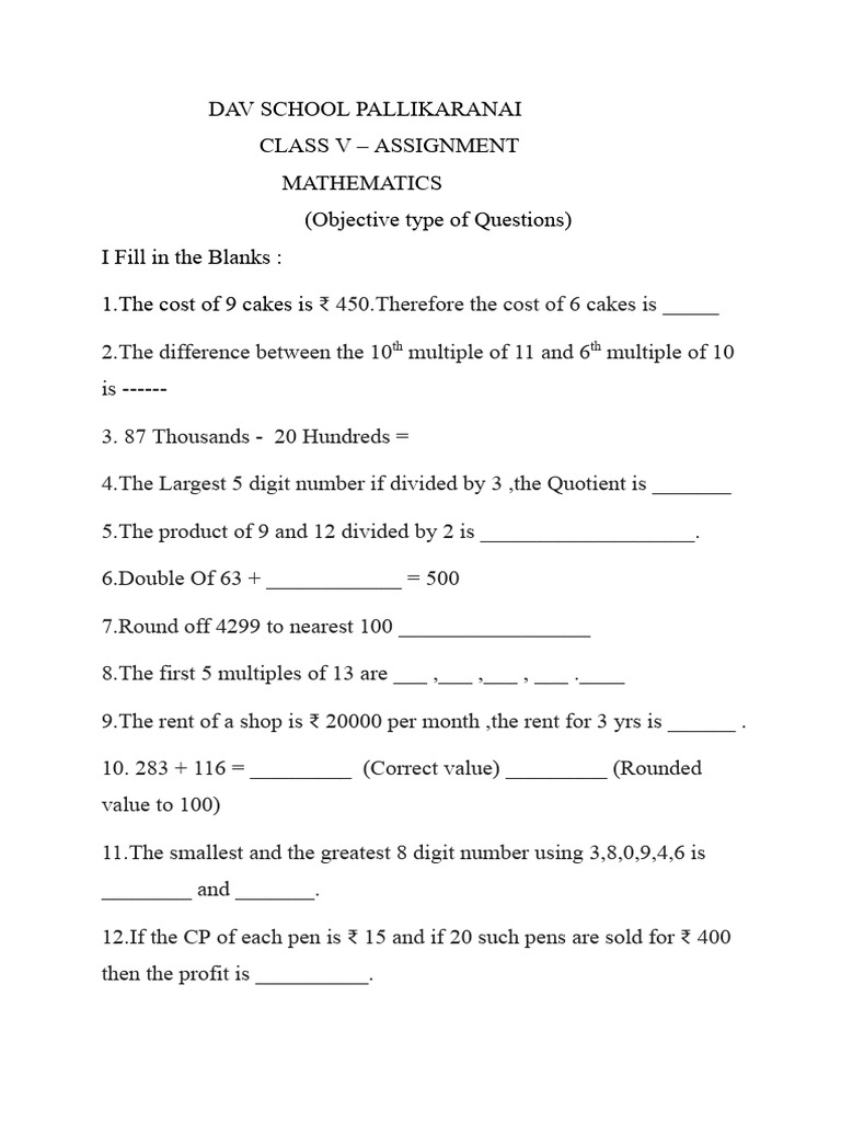 Class V Mathematics Assignment Guide | PDF | Arithmetic | Mathematics