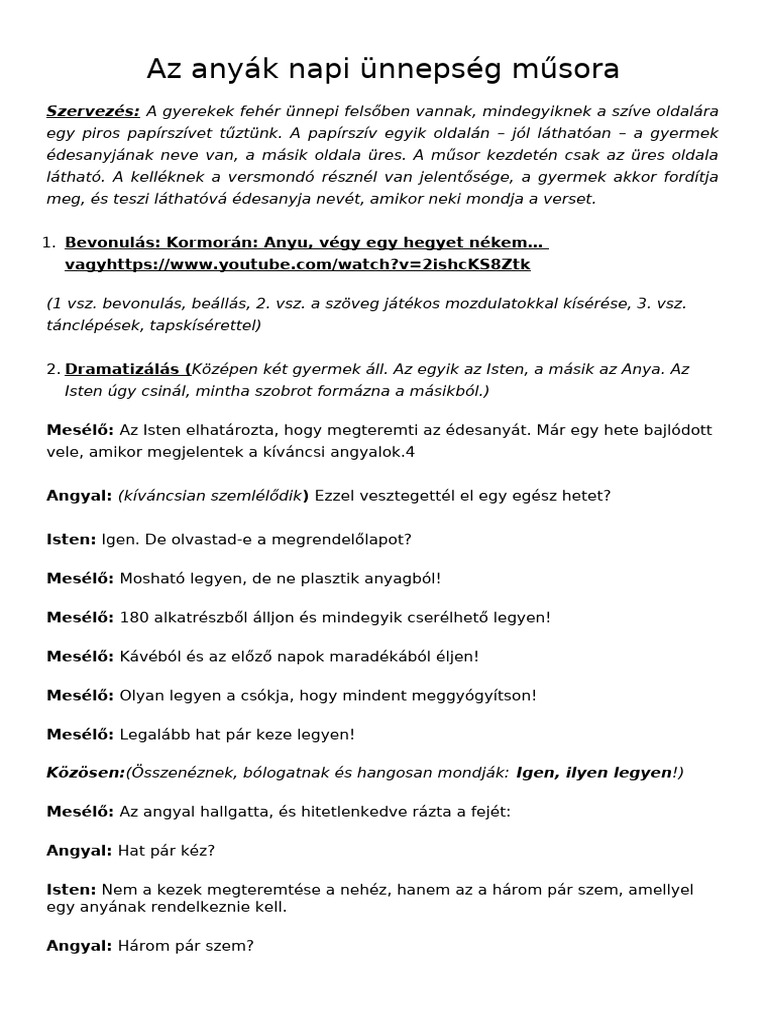 Anyák Napi Ünnepség Műsora 2.o. | PDF