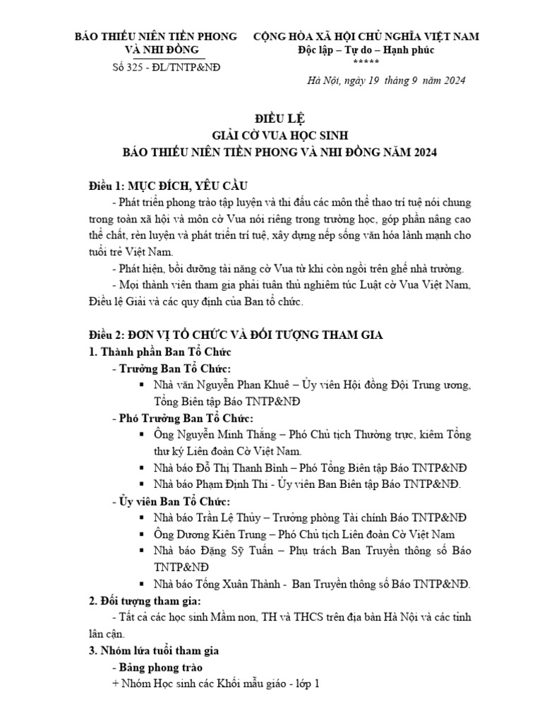 Điều Lệ Giải Cờ Vua 2024 | PDF