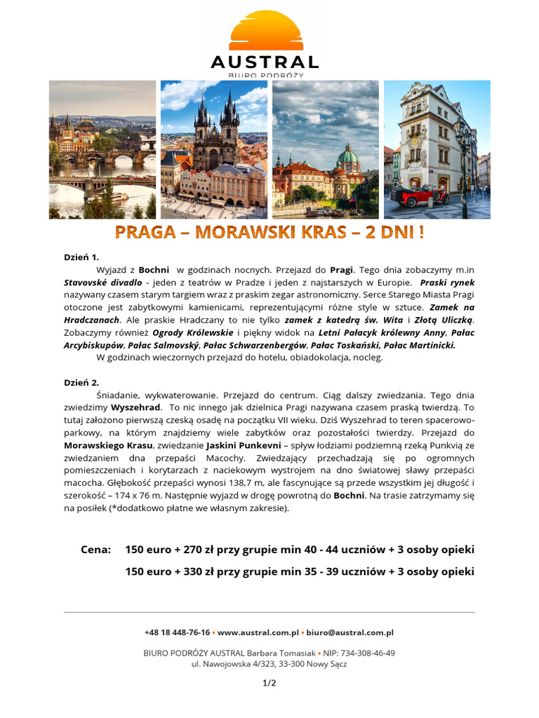 Praga Morawski Kras 2 Dni OFERTA | PDF