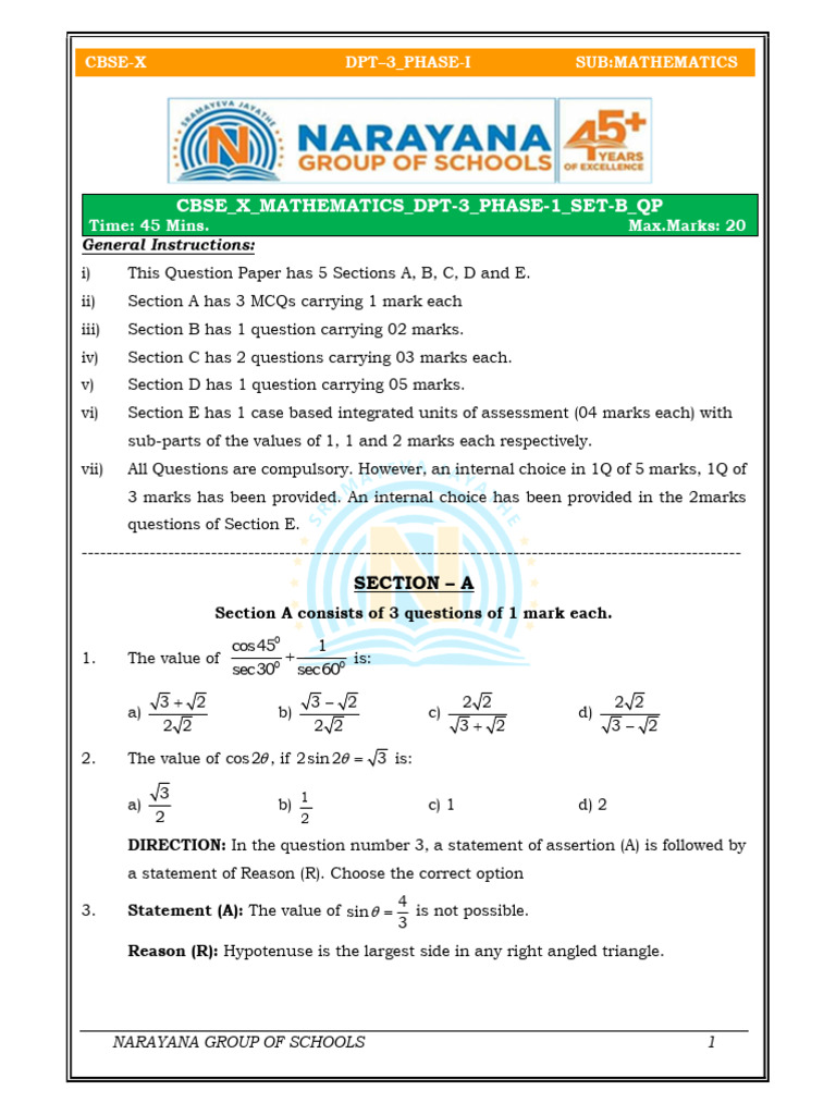 Cbse X Mathematics DPT-3 Phase-1 Set-B QP | PDF | Elementary ...