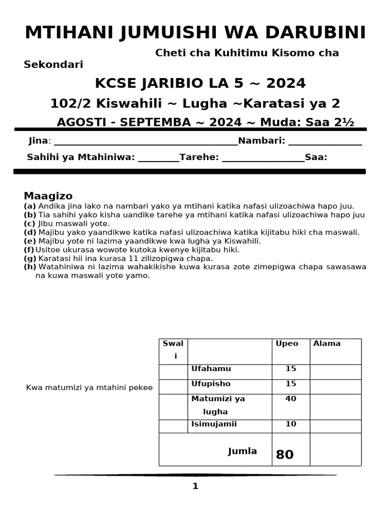 Kiswahili f3 Kidato Cha 3 Kazi Ya Likizo Disemba | PDF