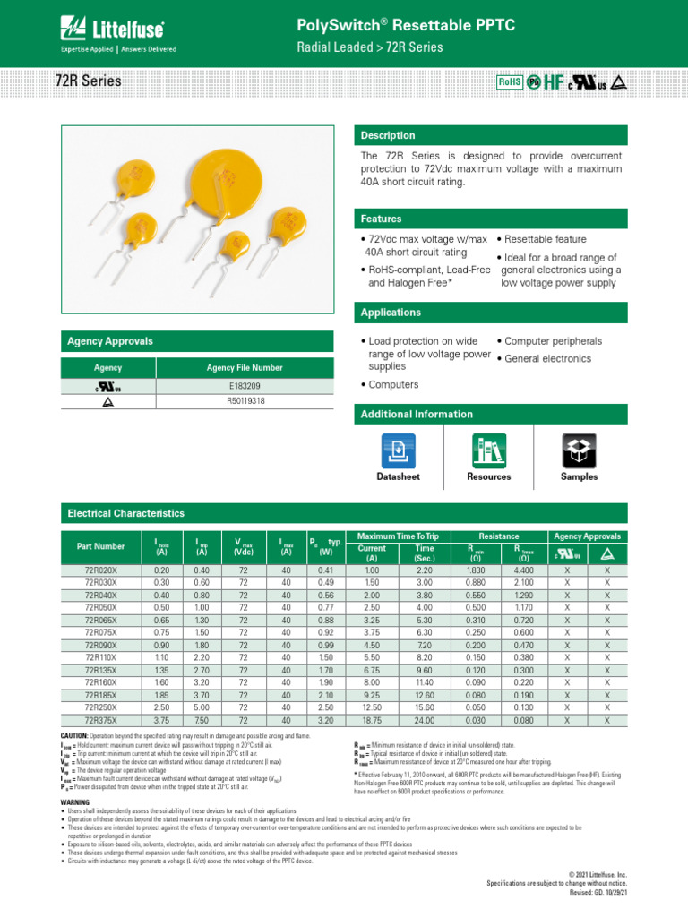 Littelfuse PTC 72R Datasheet PDF | PDF | Soldering | Electrical Resistance And Conductance