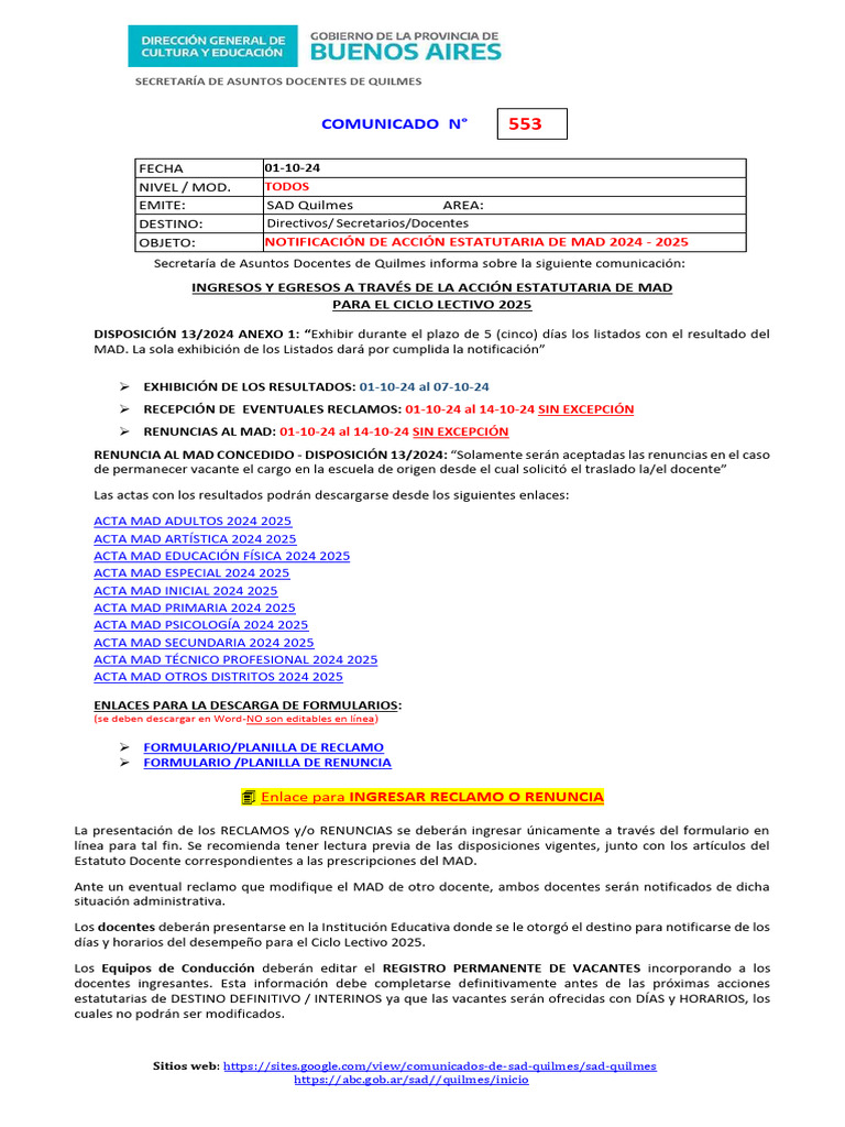 Notificación MAD 2024-2025 Quilmes | PDF