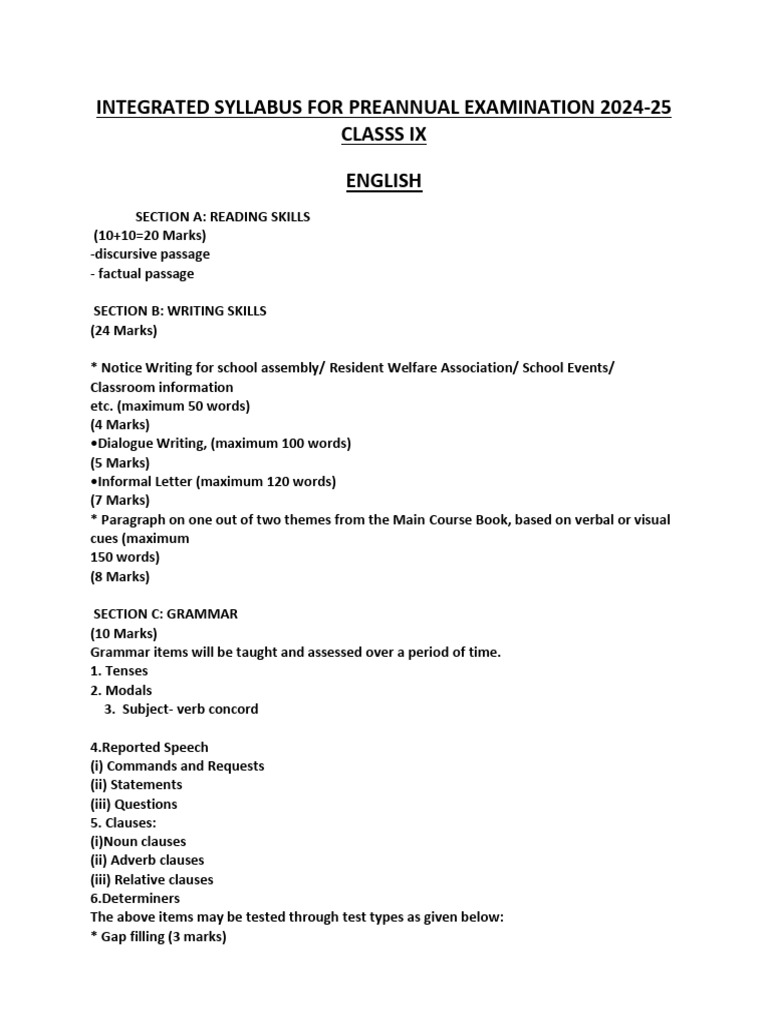 Integrated Syllabus For Preannual Examination 2024-25 Class Ix | PDF