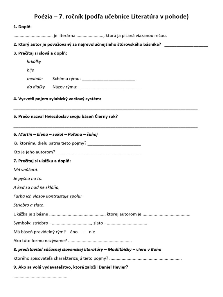 SJL Poezia - 7. Rocnik Poda Ucebnice Literatura V Pohode | PDF