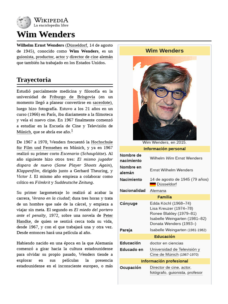 Wim Wenders: Cineasta Alemán Icono del Nuevo Cine | PDF | Arte