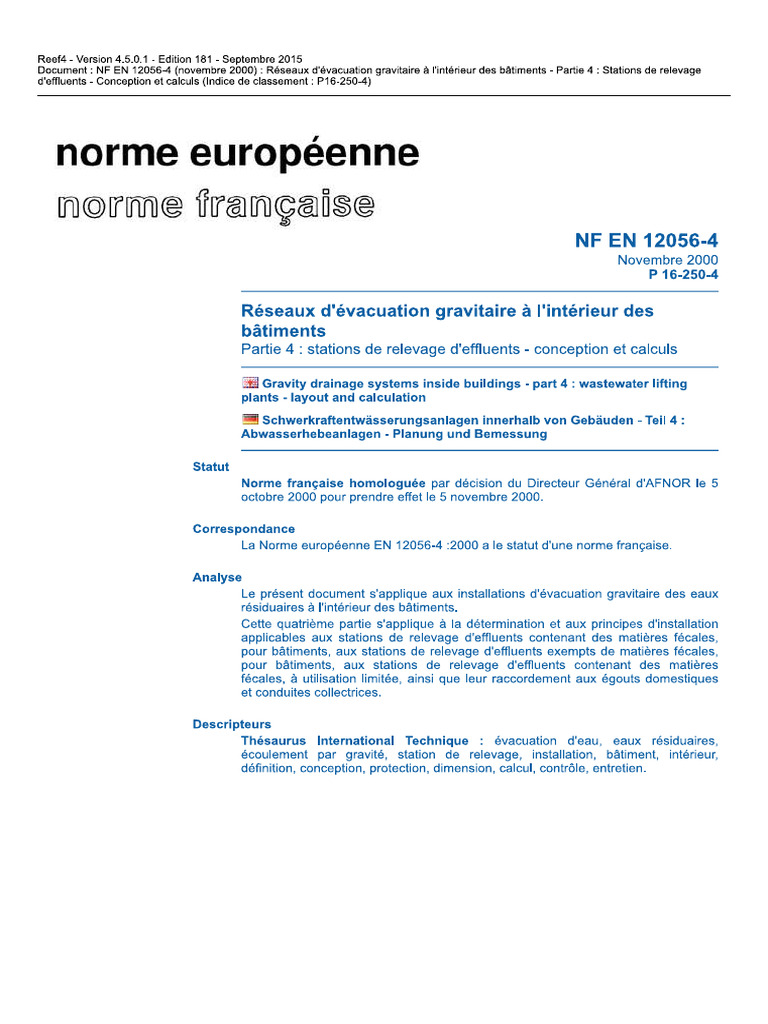 NF en 12056-4 - Réseaux D'évacuation Gravitaire À L'intérieur Des Bâtiments - Partie 4 ...