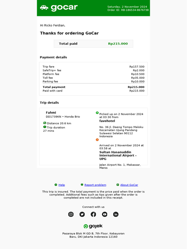 2 November Gocar Favehotel Losari - Bandara Makassar | PDF | Services (Economics) | Payments
