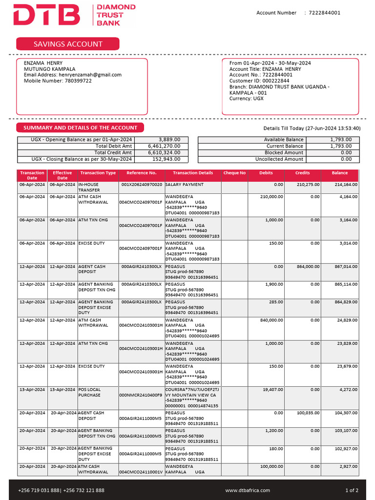 DTB Statement 02 | PDF | Banks | Deposit Account