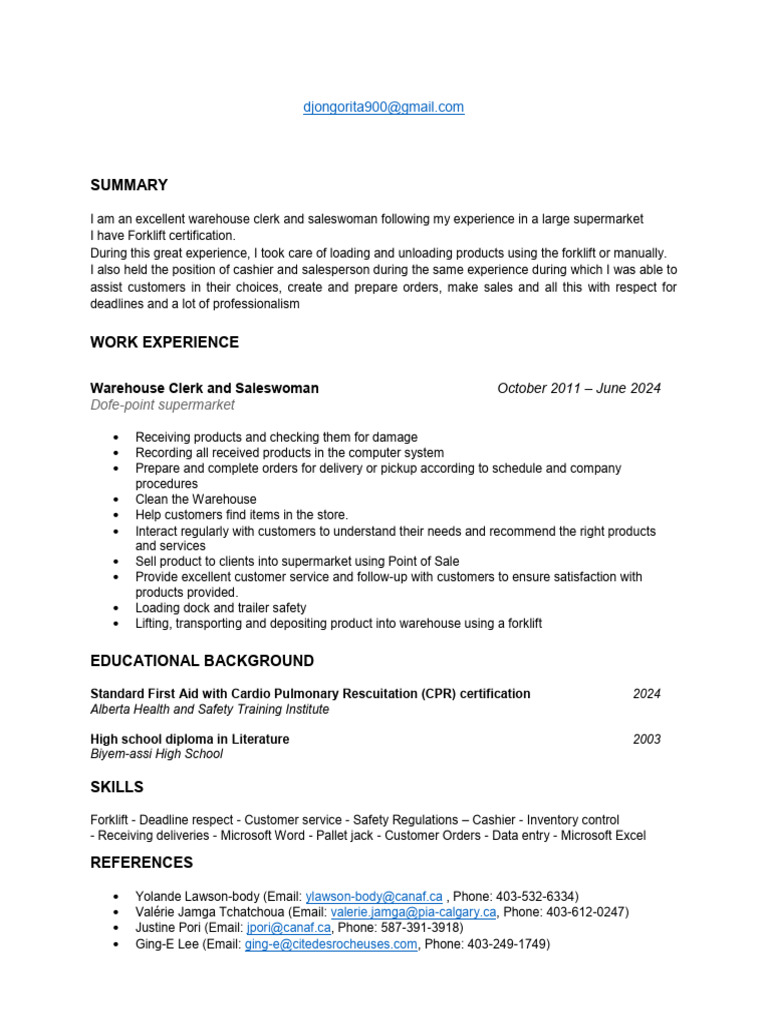 W - Resume - Rita - Djongo - Dongmo | PDF | Sales | Warehouse