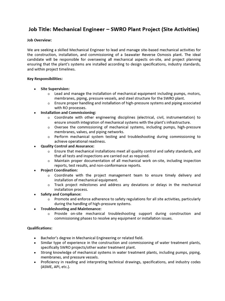JD For Mechanical Engineer - SWRO Plant Project (Site Activities) | PDF | Safety | Membrane