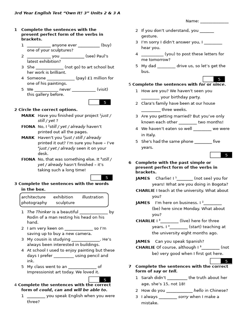 3rd Year English Test Units 2-3 A | PDF | Linguistics