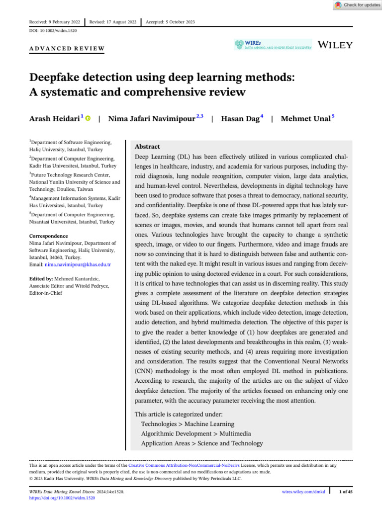 WIREs Data Min Knowl - 2023 - Heidari - Deepfake Detection Using Deep Learning Methods A ...