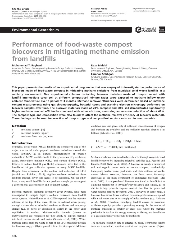 Performance of Food-Waste Compost Biocovers in Mitigating Methane ...