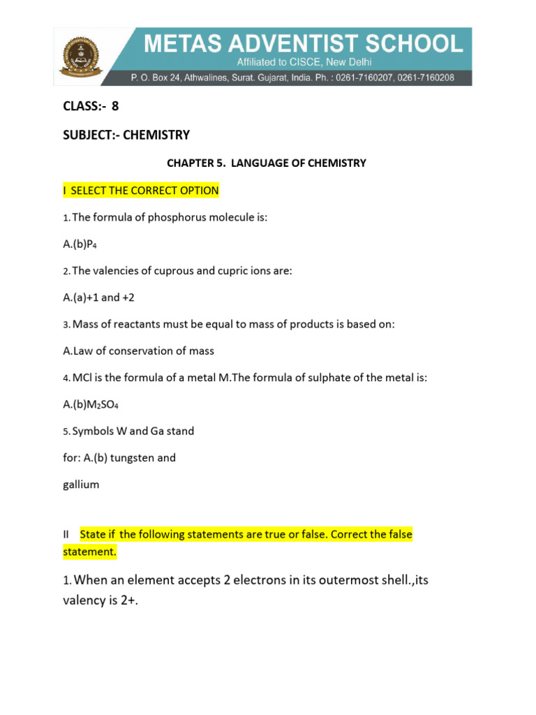 Class 8 Chemistry Chapter 5. Newpdf | PDF | Valence (Chemistry) | Chemistry
