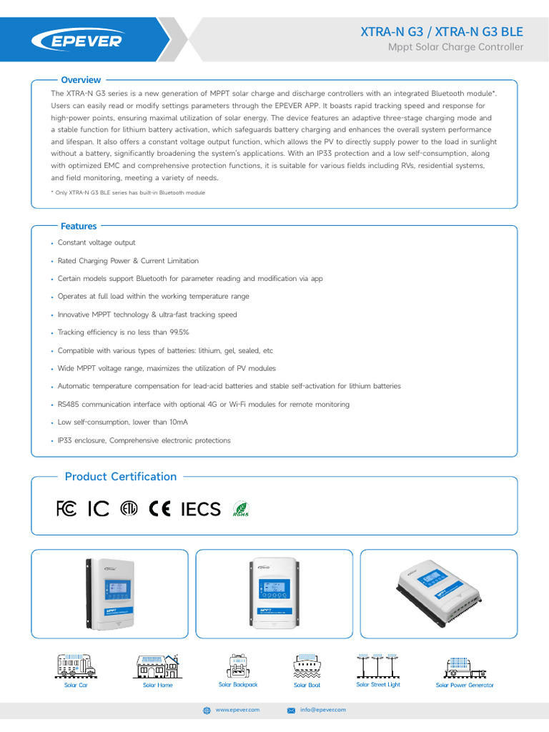 EPEVER DataSheet XTRA N G3 Series 3 | PDF | Photovoltaics | Bluetooth
