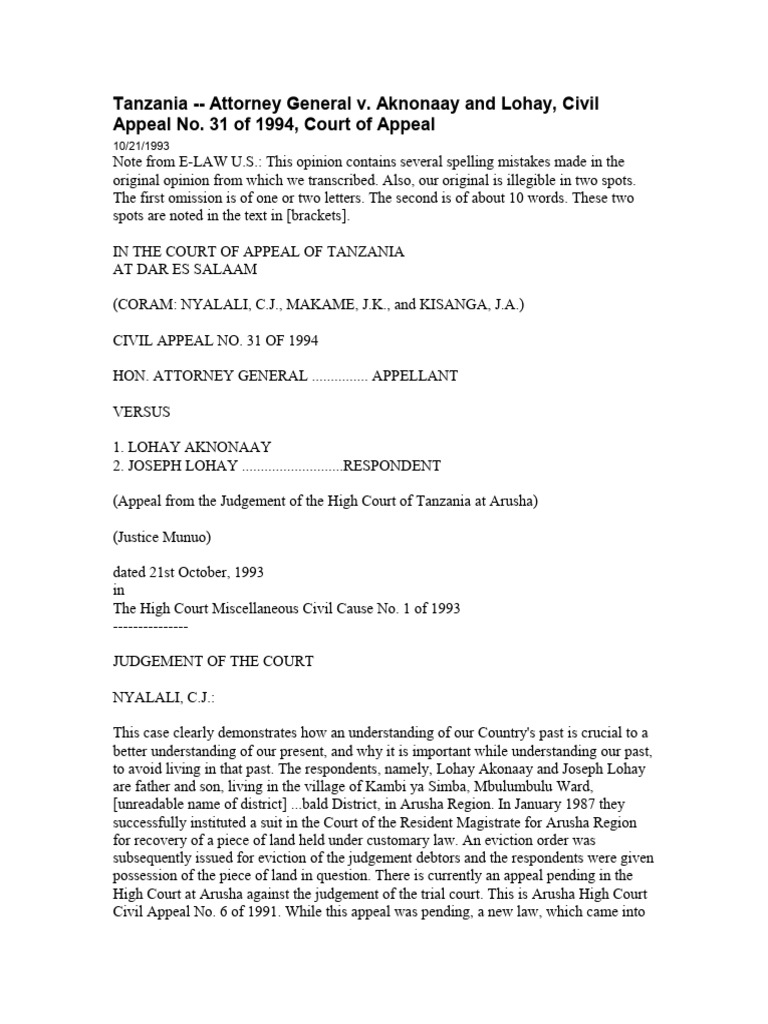 Tanzania Land Rights Appeal Case Summary | PDF | Jurisdiction ...