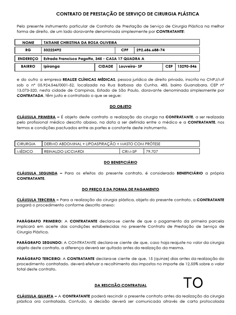 Contrato de Cirurgia Plástica: Termos e Condições | PDF | Direito ...