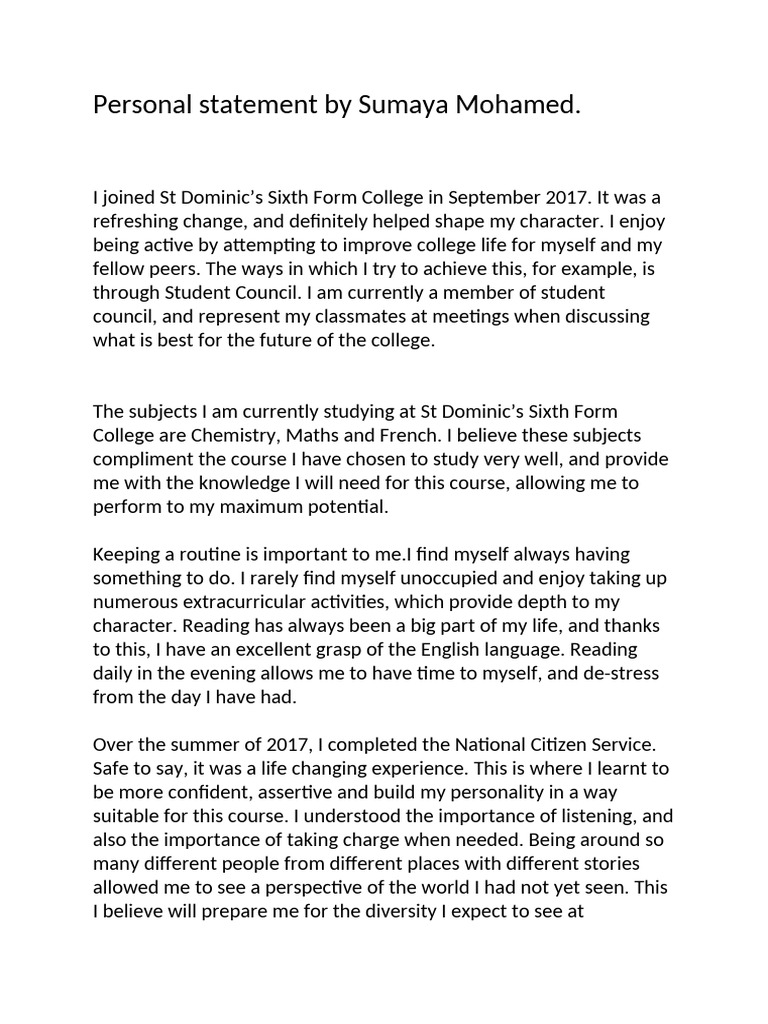 Draft Personal Statement Sumaya Mohamed. | PDF