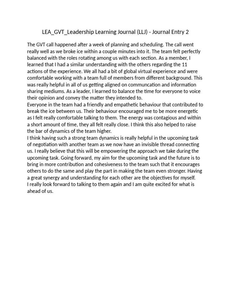 LEA - GVT - Leadership Learning Journal (LLJ) - Journal Entry 2 | PDF ...