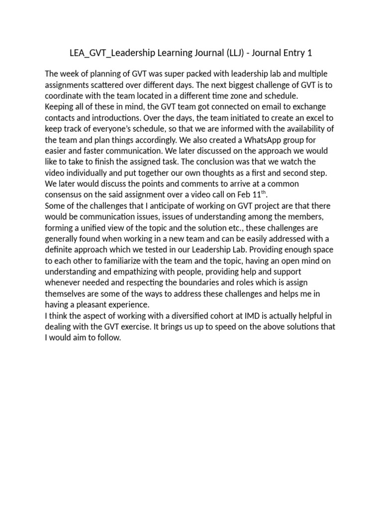 LEA - GVT - Leadership Learning Journal (LLJ) - Journal Entry 1 | PDF
