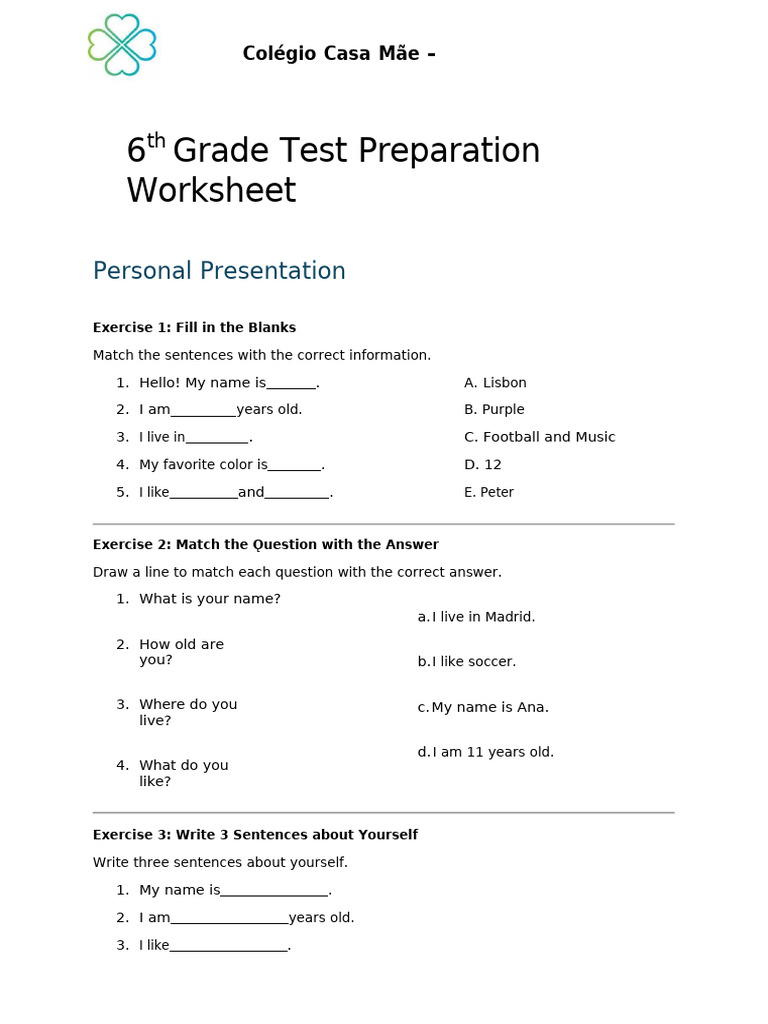 6th GradeTest - Preparation Worksheet | PDF | Cloud | Vocabulary
