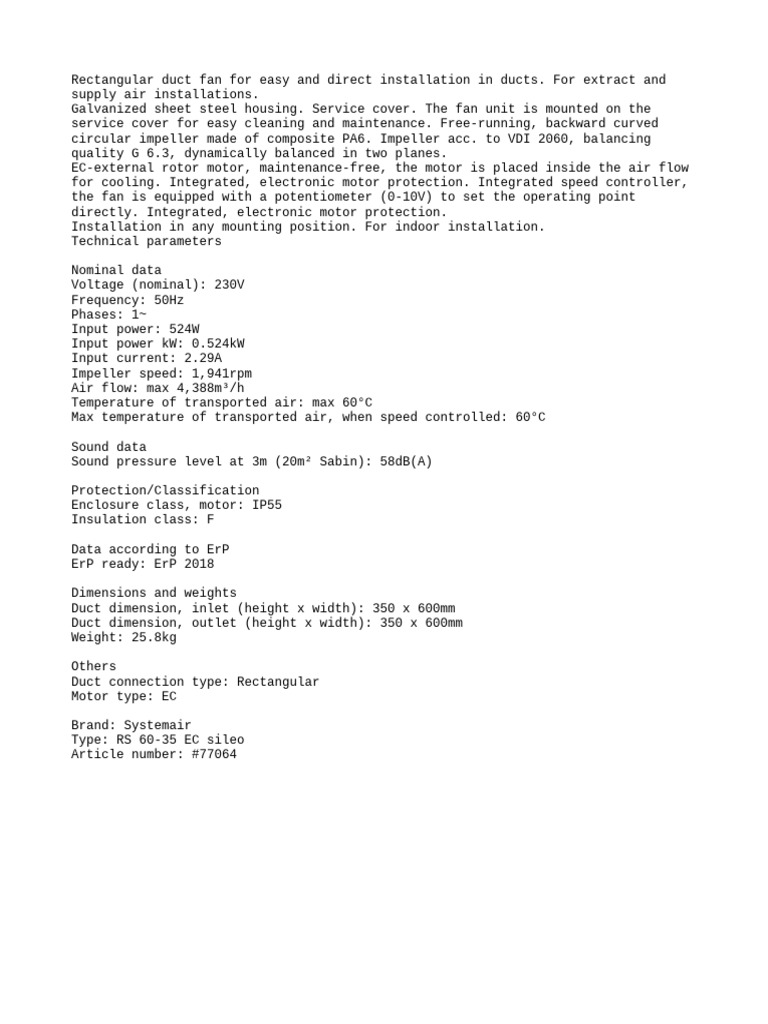 Rectangular Duct Fan RS 60-35 EC Sileo | PDF
