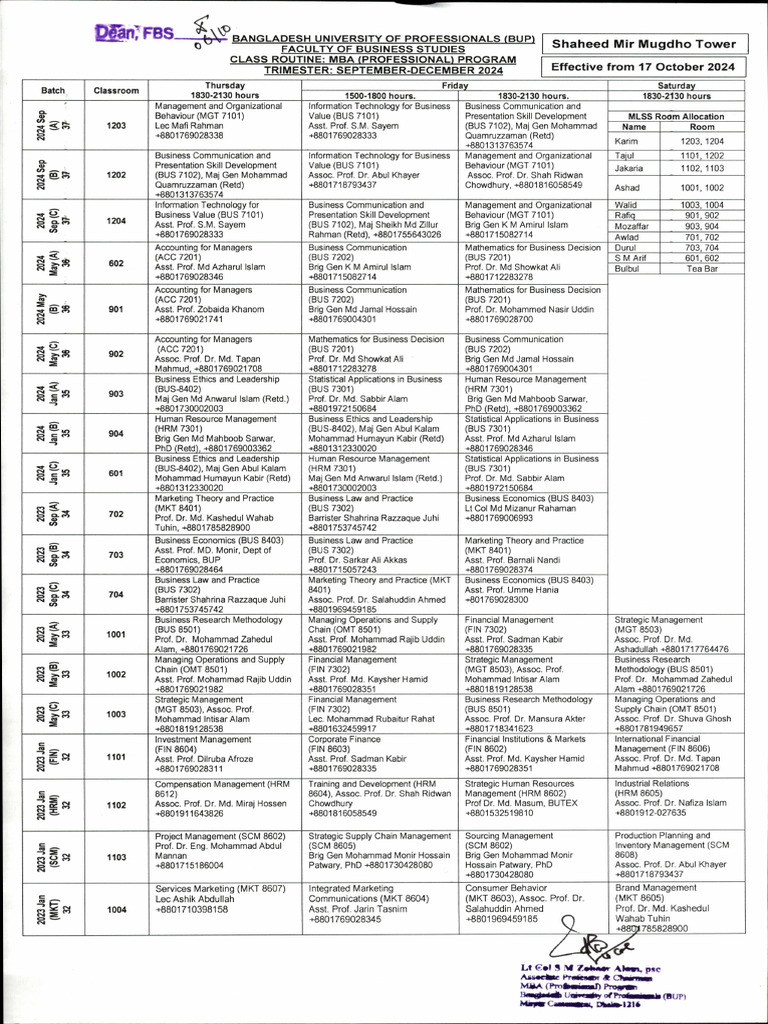 Class Routine Sep-Dec 2024 | PDF