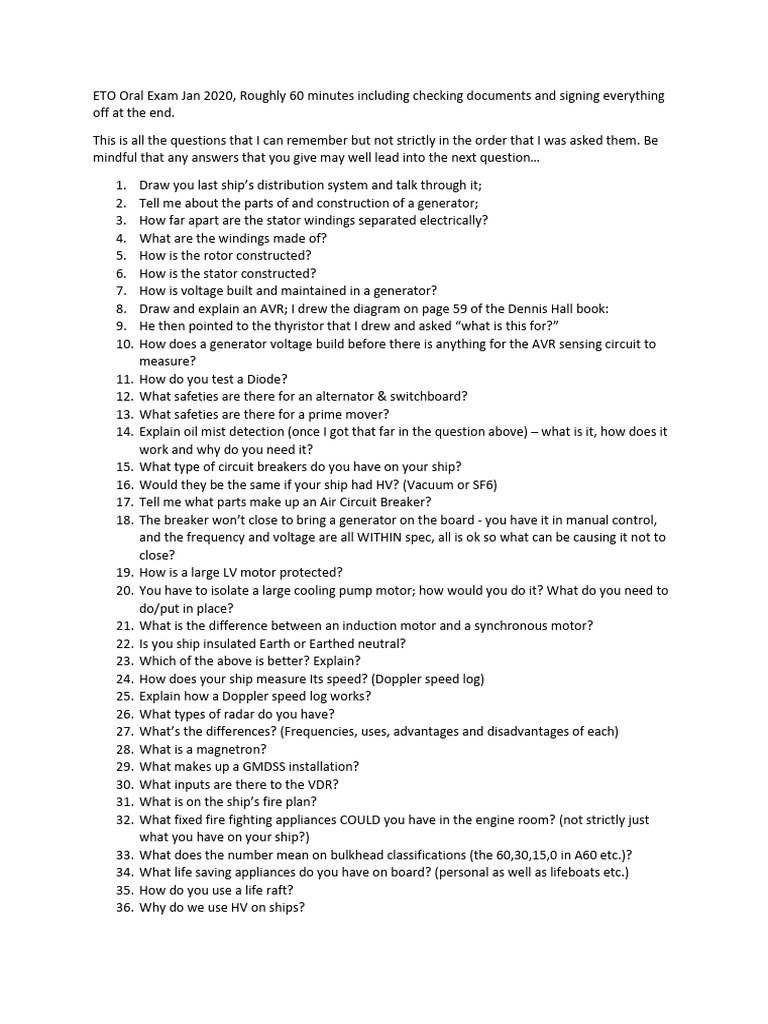 ETO Oral Questions Jan 2020 | PDF | Electric Generator | Transformer