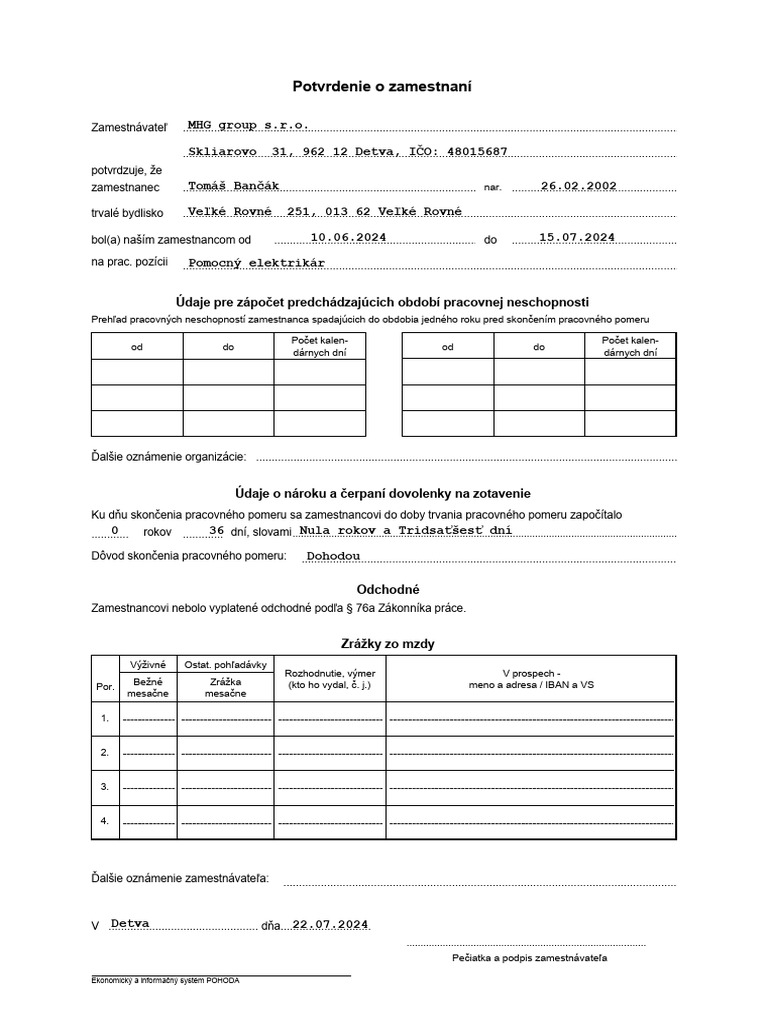 Potvrdenie o Zamestnaní (Zápočtový List) Bančák Tomáš | PDF