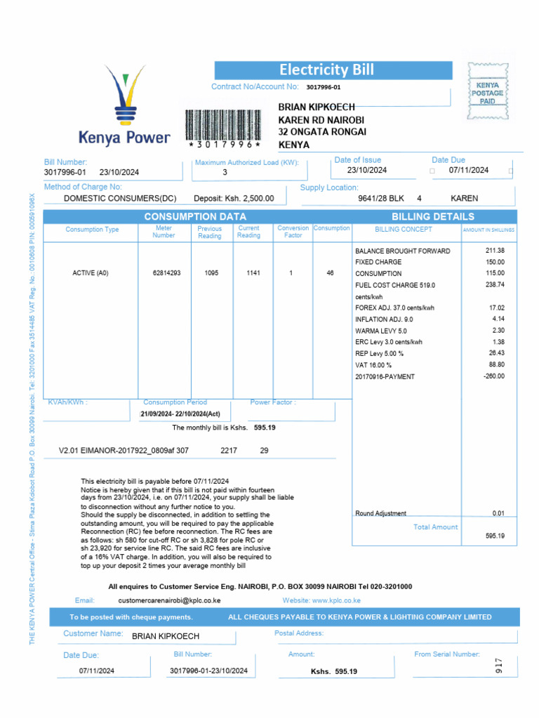 KPLC Electricity Bill Sample | PDF | Value Added Tax | Cheque