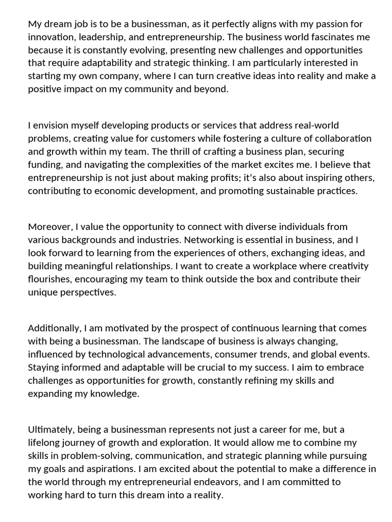 My Dream Job Is To Be A Businessman | PDF | Business