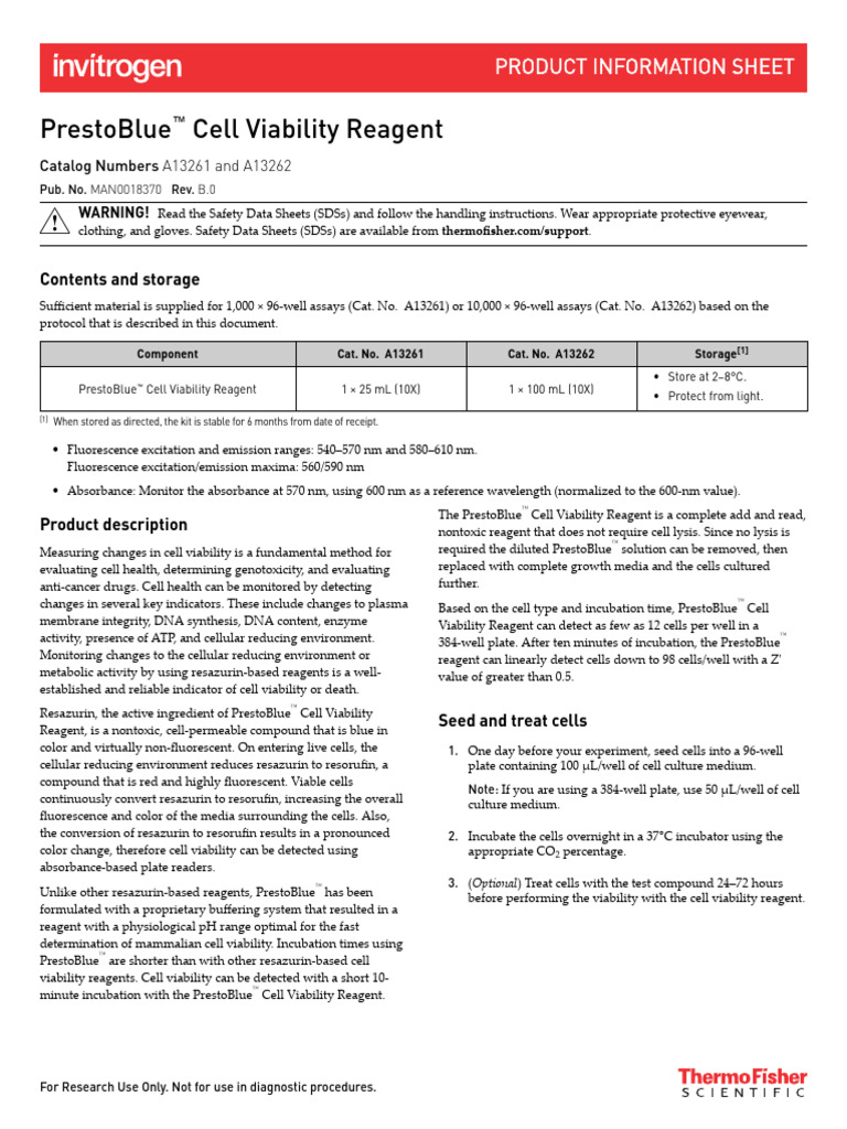 MAN0018370 PrestoBlueCellViabilityReagent PI | PDF | Fluorescence ...