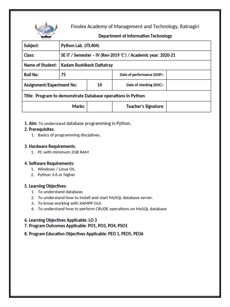 70 Python Experiment No. 14 Nakhwa Arman Anis | PDF | Sql | Database Transaction