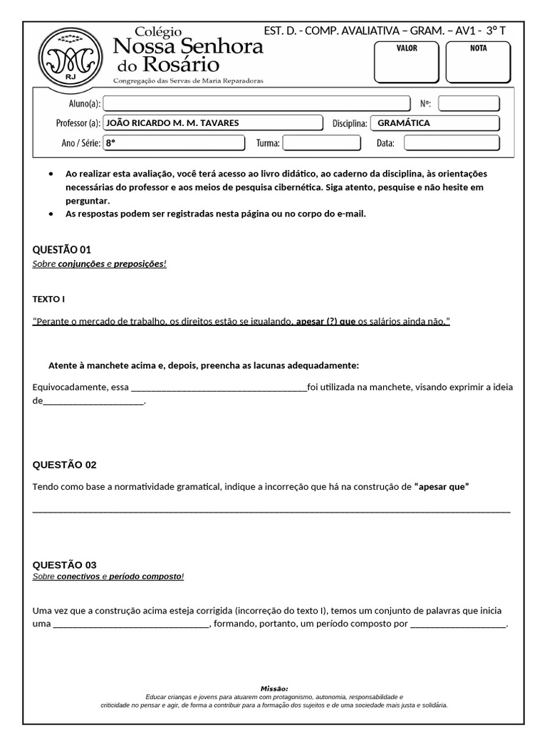 Est D - Complementacao Avaliativa - Av1 - 8 Ano - 3 T (2) (2) - CNSR | PDF
