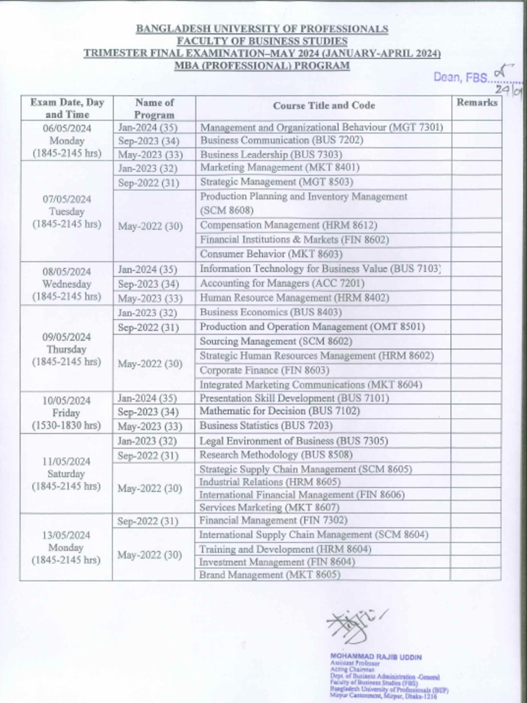 Exam Routine Jan-Apr 2024 | PDF