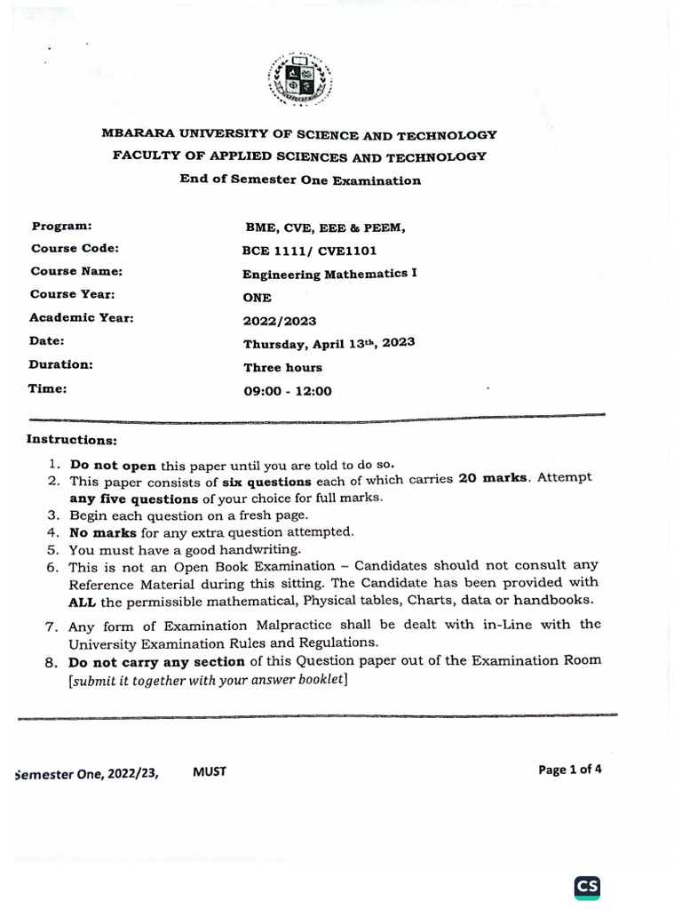 Engineering Math One End of Sem One 22-23 | PDF
