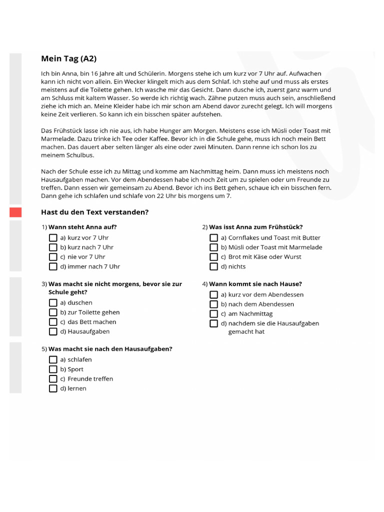 Lesen - A2 - Mein Tag | PDF