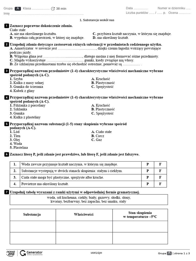 Substancje Wokół Nas Test (Bez Widocznej Punktacji) | PDF